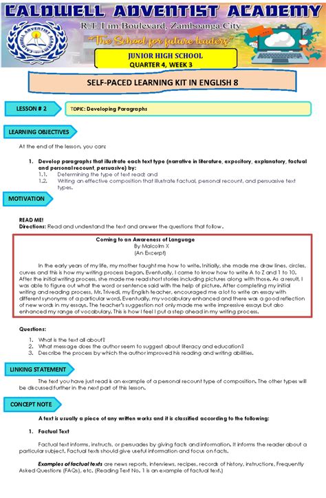 English 8 Developing Paragraphs JUNIOR HIGH SCHOOL QUARTER 4 WEEK