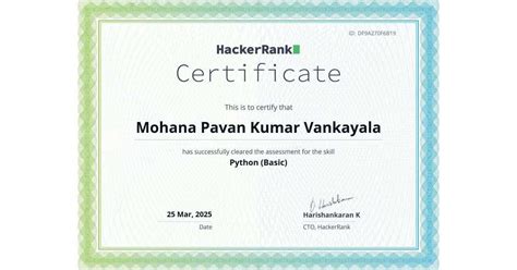 hackerrank skill certificate mohana pavan kumar vankayala