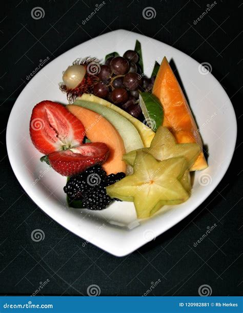 Closeup Of A Display Of Assorted Sliced Fruits On A White Plate With A