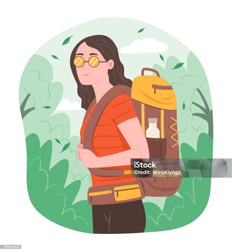 백 패커 여자 하이킹 숲 위한 야외 모험 레크리에이션 활동 개념 일러스트레이션 개념에 대한 스톡 벡터 아트 및 기타 이미지