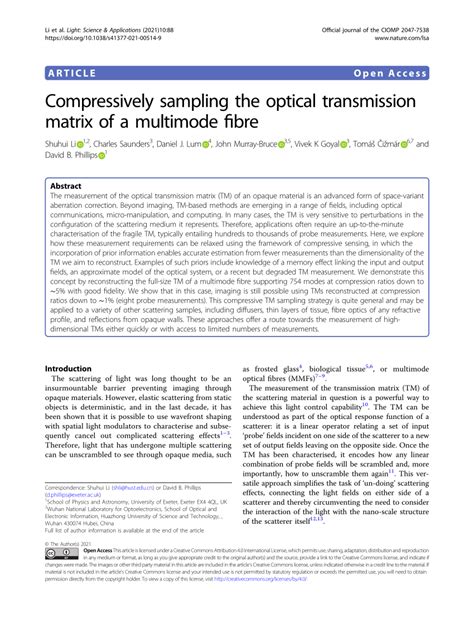 Pdf Compressively Sampling The Optical Transmission Matrix Of A Multimode Fibre