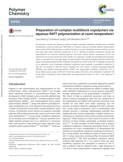 Pdf Preparation Of Complex Multiblock Copolymers Via Aqueous Raft Polymerization At Room