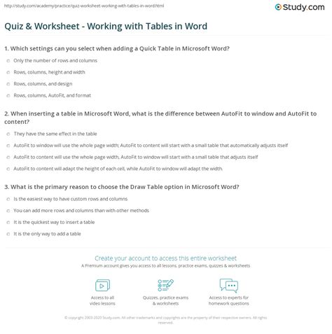 Quiz Worksheet Working With Tables In Word Study Com