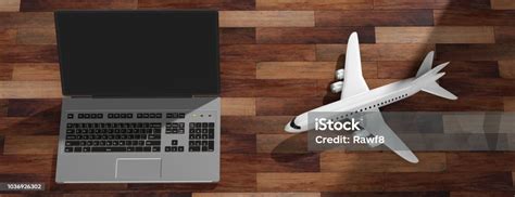 상업 비행기와 나무 바닥 배경에 노트북 보기 가기 3 차원 일러스트 레이 션 가정의 방에 대한 스톡 사진 및 기타 이미지