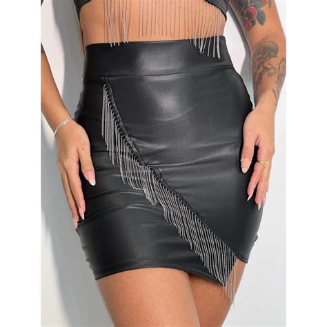 Saia Preta Lisa Curta Lápis Colada Moda Gringa Franja Vertical Curvas