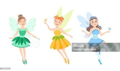 날개 벡터 일러스트와 화려한 드레스에 행복한 어린 소녀 엘프의 세트 개체 그룹에 대한 스톡 벡터 아트 및 기타 이미지 개체 그룹 귀여운 꼬마 요정 Istock