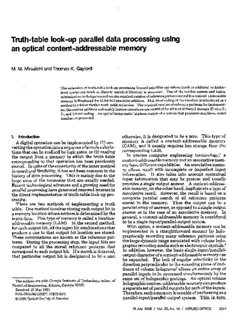 Pdf Truth Table Look Up Parallel Data Processing Using An Optical Content Addressable Memory