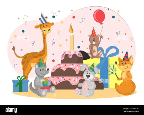 Set Of Wild Animals Celebrate Birthday Cute Cartoon Animals In Flat