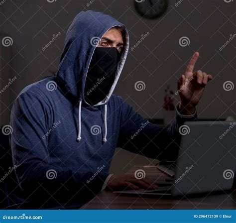 Male Hacker Hacking Security Firewall Late In Office Stock Image Image Of Crime Online 296472139