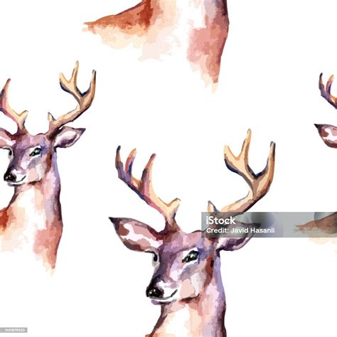 수채화 사슴 이음새가 없는 질감 패턴 손으로 그린 자연스러운 반복 배경 고립 된 벡터 일러스트 레이 션 어린이와 벽지 배경 방 갈색에 대한 스톡 벡터 아트 및 기타 이미지