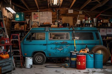 Classic Blue Van In A Wellequipped Automotive Workshop For Vehicle