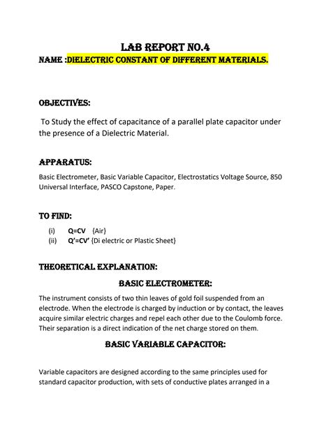 Solution Physics Experiment Dielectric Constant Of Different Materials