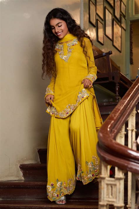 Buy Stotram Yellow Embroidered Kurta Palazzo Set Online Aza Fashions
