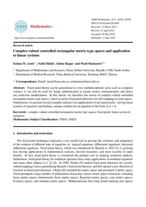 Pdf Complex Valued Controlled Rectangular Metric Type Spaces And Application To Linear Systems