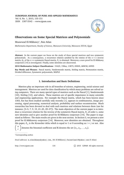 Pdf Observations On Some Special Matrices And Polynomials