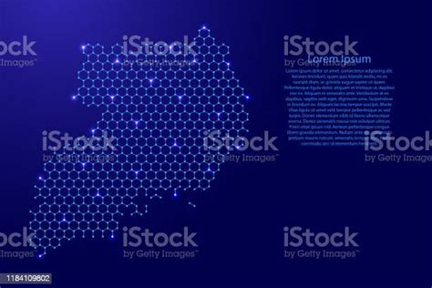 우간다는 미래의 육각형 모양 선 노드의 파란색과 빛나는 별 배너 포스터 인사말 카드에 대한 벌집 또는 분자 구조의 형태로 지도 벡터 그림입니다 0명에 대한 스톡 벡터 아트