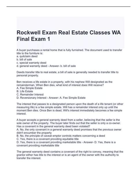Rockwell Exam Real Estate Classes Wa Final Exam 1 Questions And Answers Rockwell Real Estate