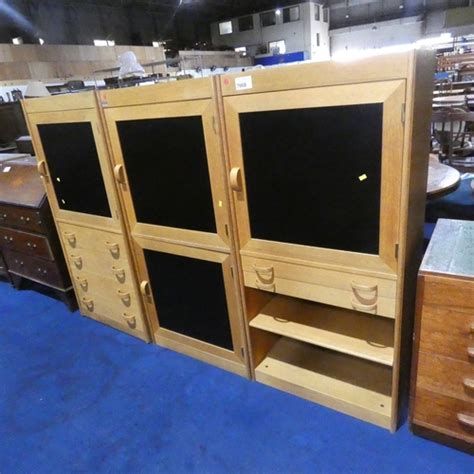 A Set Of Three Matching 1990s Vintage Light Oak Cabinets With Drawers