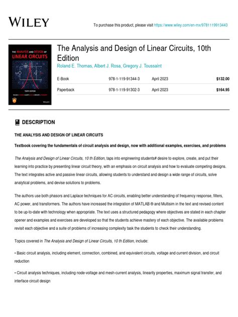 Wiley The Analysis And Design Of Linear Circuits 10th Edition 978 1 119 91344 3 Pdf
