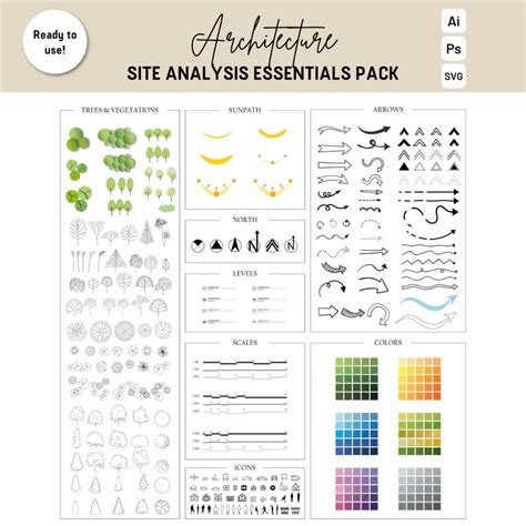 Architecture Site Analysis Essentials Pack 250 Objects Icons And 150 Colors People Vectors