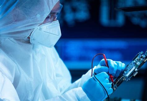 microelectronics engineer works in a modern scientific laboratory on computing systems and