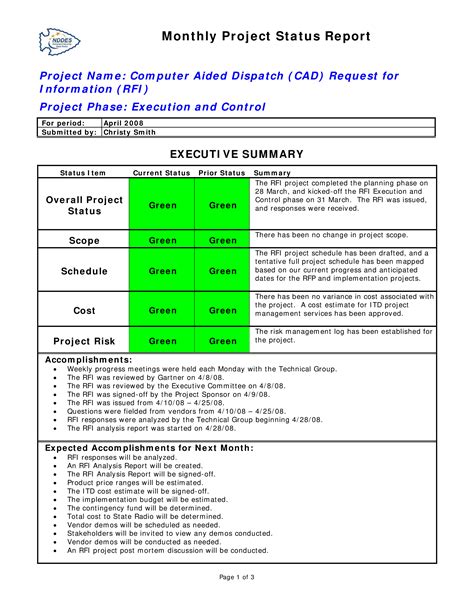 Monthly Program Report Template Progress Report Template Project