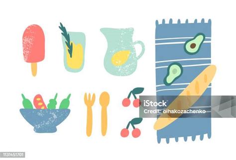 피크닉 벡터 일러스트 레이 션에 대 한 음식입니다 손으로 그린 아이스크림 레모네이드 담요 바게트 샐러드 체리 아보카도 포크 스푼 담요에 대한 스톡 벡터 아트 및 기타 이미지