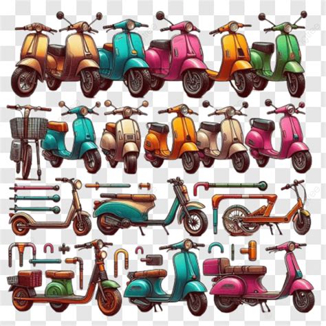 다양한 모델을 사용하여 다양한 색상으로 된 일부 스쿠터의 3d 이미지 일부 스쿠터의 3d 이미지 다양한 모델의 멀티 컬러 화려한 Png 일러스트 및 이미지 에 대한