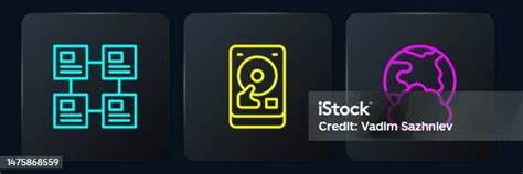 라인 계층 조직 차트 소셜 네트워크 및 하드 디스크 드라이브 Hdd를 설정합니다 블랙 스퀘어 버튼 벡터 개념에 대한 스톡 벡터