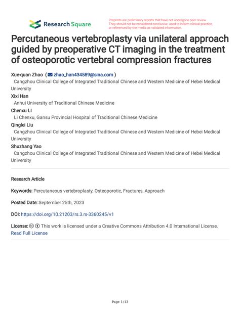 Pdf Percutaneous Vertebroplasty Via Unilateral Approach Guided By Preoperative Ct Imaging In