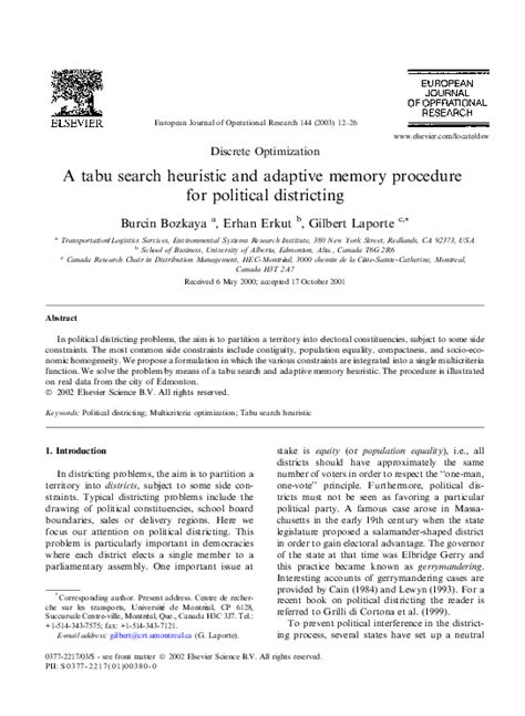 Pdf A Tabu Search Heuristic And Adaptive Memory Procedure For Political Districting
