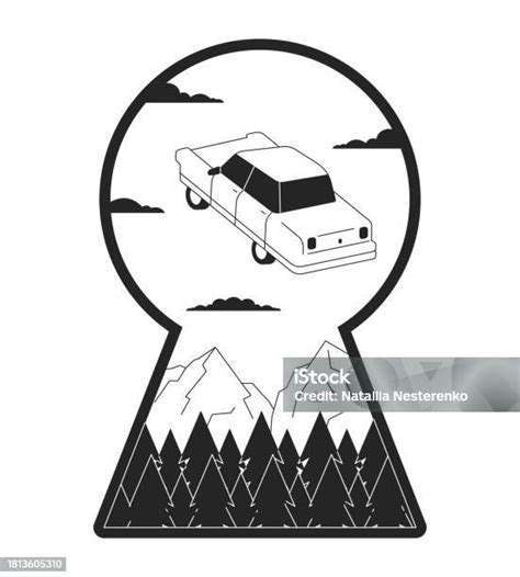 열쇠 구멍 모양의 복고풍 자동차를 공중에 띄우는 흑백 2d 일러스트 컨셉 1960 1969 년에 대한 스톡 벡터 아트 및 기타