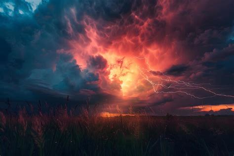 lightning storm over field premium ai generated image