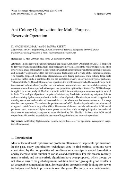 Pdf Ant Colony Optimization For Multi Purpose Reservoir Operation