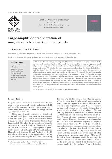 Pdf Large Amplitude Free Vibration Of Magneto Electro Elastic Curved Panels