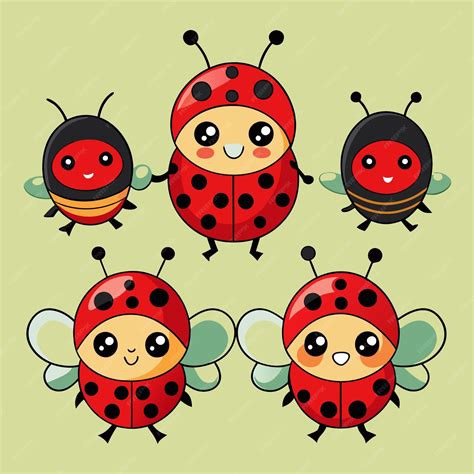 Cinco Mariquitas De Dibujos Animados Con Caras Felices Vector Premium