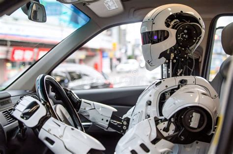 Advanced Robot Driving A Car Symbolizing The Integration Of Ai And