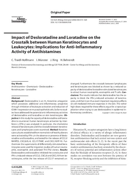 Pdf Impact Of Desloratadine And Loratadine On The Crosstalk Between Human Keratinocytes And