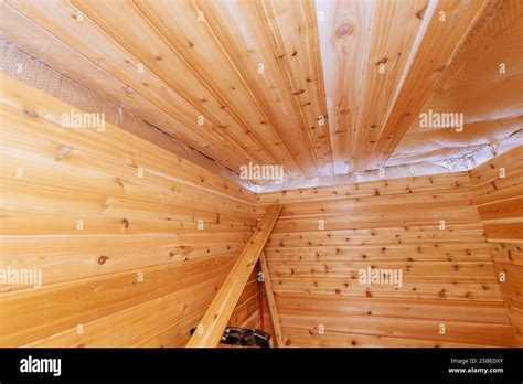 Warm Wooden Ceiling Features Beams Planks In Remodeling Sauna Cabin