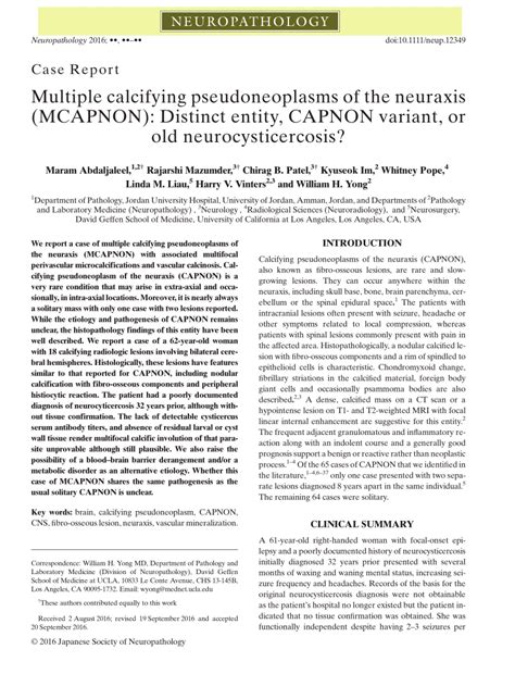 Pdf Multiple Calcifying Pseudoneoplasms Of The Neuraxis Mcapnon Distinct Entity Capnon