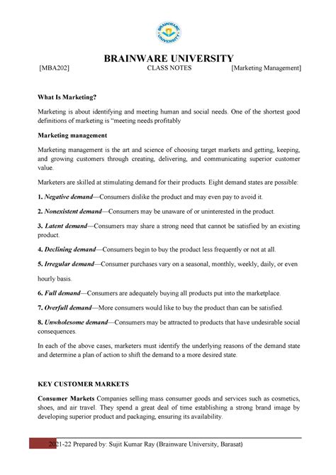 Class Notes 1 Mba202 Brainware University Mba202 Class Notes Marketing Management 2021 22