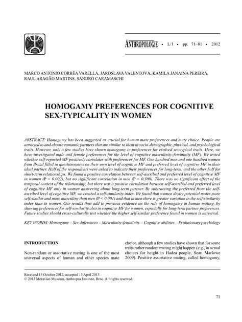 Pdf Homogamy Preferences For Cognitive Sex Typicality In Women