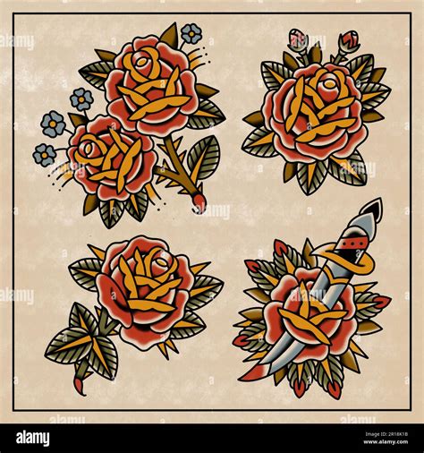 Old School Tattoo Art Style Drawings Flash Sheet On Old Paper
