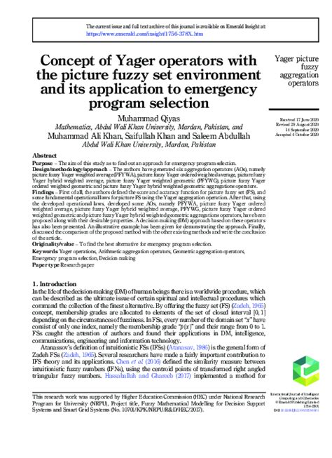 Pdf Concept Of Yager Operators With The Picture Fuzzy Set Environment And Its Application To