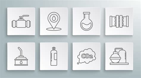 모터 기계 오일 산업용 가스 실린더 탱크 Co2 배출 클라우드 석유 및 산업 공장 건물 시험관 플라스크 산업 금속 파이프 밸브 및 아이콘 용 세트 라인 캐니스터 벡터 0명에