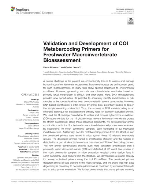 Pdf Validation And Development Of Coi Metabarcoding Primers For Freshwater Macroinvertebrate