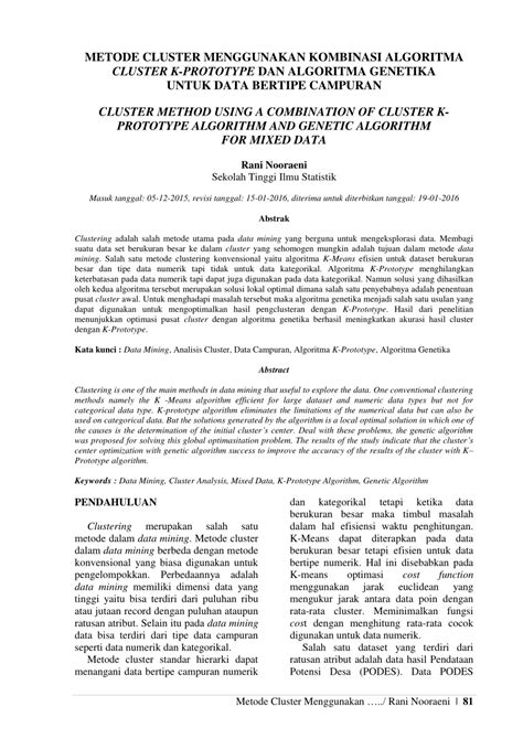 Pdf Cluster Method Using A Combination Of Cluster Kprototype Algorithm And Genetic Algorithm