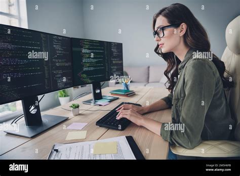 Profile Side Photo Of Clever Charming Lady Professional Hacker Remove Sms Messages Reboot Pc