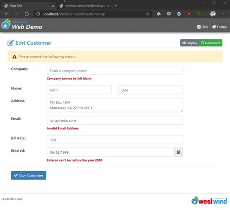 Step 8 Capturing Data And Validation Errors West Wind Web Connection