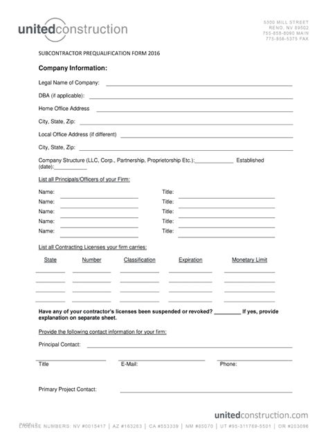 Fillable Online Subcontractor Prequalification Form 2016 Fax Email Print Pdffiller